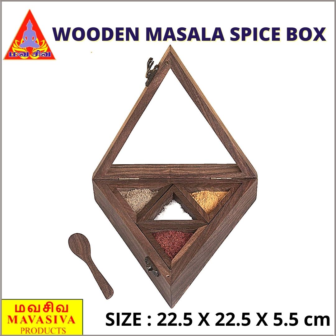 Wooden Masala Spice Box with Spoon Triangle Shaped – MAVASIVA